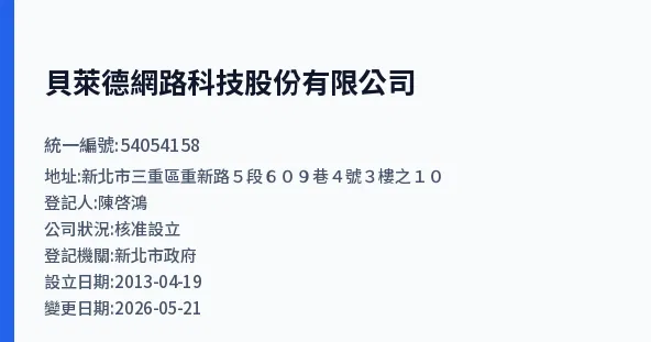 貝萊德網路科技股份有限公司的照片-統編 54054158(新北市) 公司登記資料與營業項目詳細圖表
