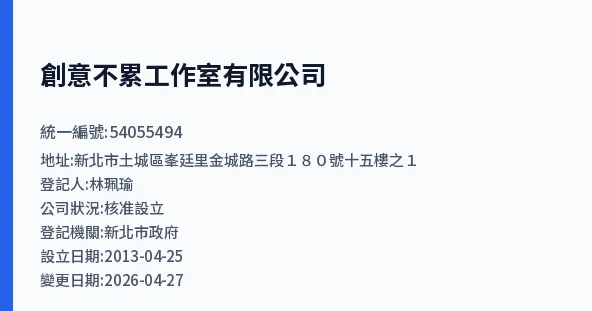 創意不累工作室有限公司的照片-統編 54055494(新北市) 公司登記資料與營業項目詳細圖表