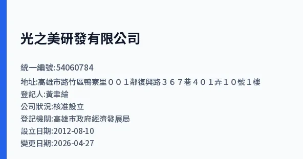 光之美研發有限公司的照片-統編 54060784(高雄市) 公司登記資料與營業項目詳細圖表