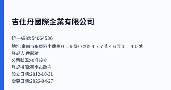 吉仕丹國際企業有限公司的照片-統編 54064536(臺南市) 公司登記資料與營業項目詳細圖表
