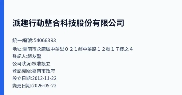 派趣行動整合科技股份有限公司的照片-統編 54066393(臺南市) 公司登記資料與營業項目詳細圖表