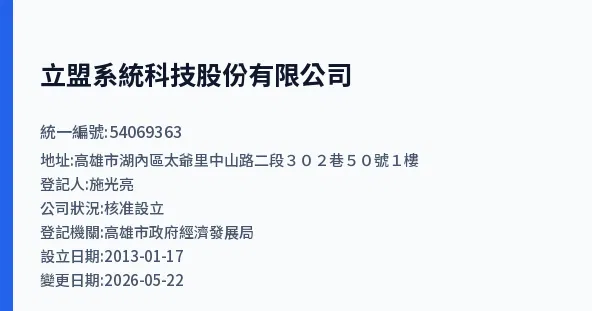 立盟系統科技股份有限公司的照片-統編 54069363(高雄市) 公司登記資料與營業項目詳細圖表
