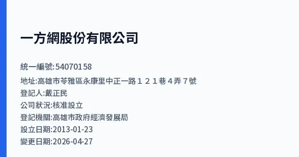 一方網股份有限公司的照片-統編 54070158(高雄市) 公司登記資料與營業項目詳細圖表