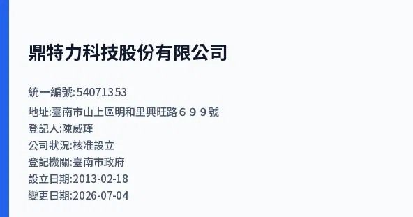 鼎特力科技股份有限公司的照片-統編 54071353(臺南市) 公司登記資料與營業項目詳細圖表