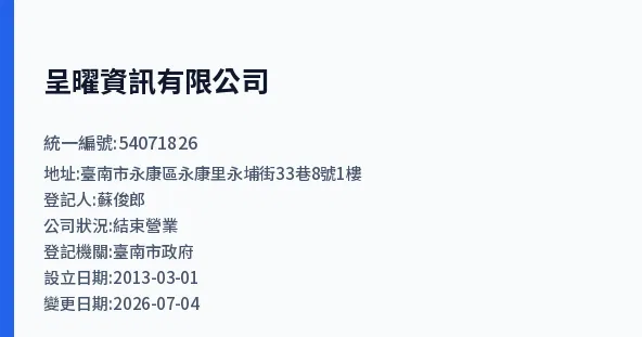 呈曜資訊有限公司的照片-統編 54071826(臺南市) 公司登記資料與營業項目詳細圖表