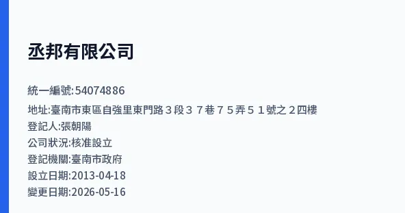 丞邦有限公司的照片-統編 54074886(臺南市) 公司登記資料與營業項目詳細圖表