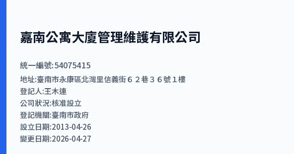 嘉南公寓大廈管理維護有限公司的照片-統編 54075415(臺南市) 公司登記資料與營業項目詳細圖表