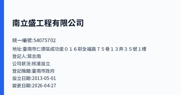 南立盛工程有限公司的照片-統編 54075702(臺南市) 公司登記資料與營業項目詳細圖表