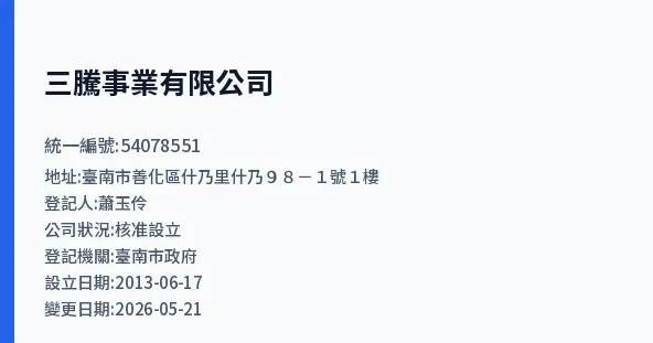 三騰事業有限公司的照片-統編 54078551(臺南市) 公司登記資料與營業項目詳細圖表