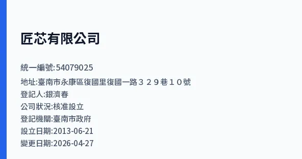 匠芯有限公司的照片-統編 54079025(臺南市) 公司登記資料與營業項目詳細圖表