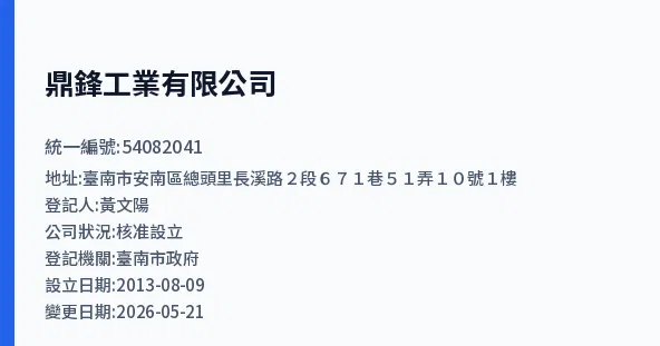 鼎鋒工業有限公司的照片-統編 54082041(臺南市) 公司登記資料與營業項目詳細圖表