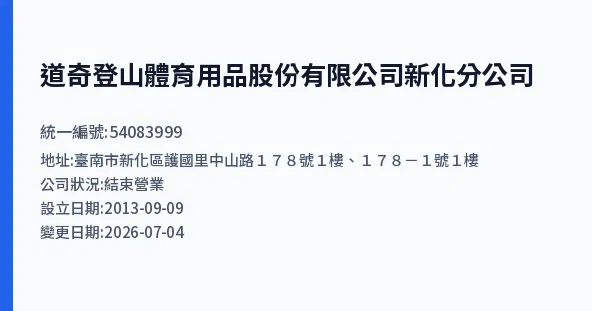 道奇登山體育用品股份有限公司新化分公司的照片-統編 54083999(臺南市) 公司登記資料與營業項目詳細圖表