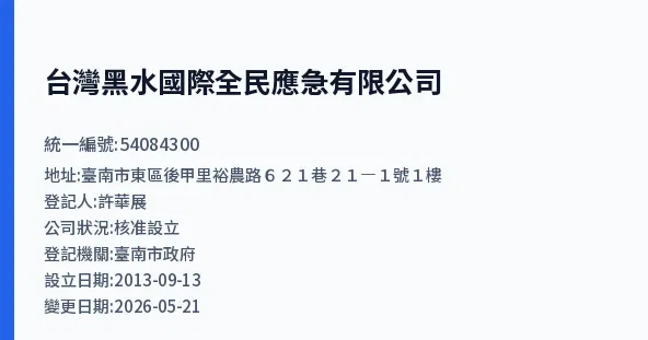 台灣黑水國際全民應急有限公司的照片-統編 54084300(臺南市) 公司登記資料與營業項目詳細圖表