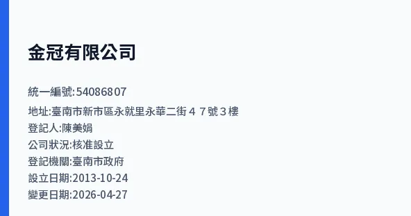金冠有限公司的照片-統編 54086807(臺南市) 公司登記資料與營業項目詳細圖表