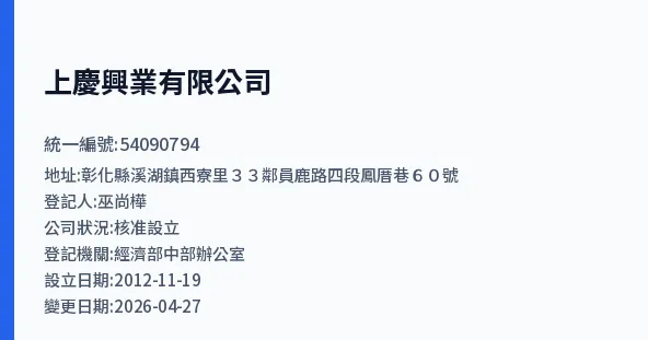 上慶興業有限公司的照片-統編 54090794(彰化縣) 公司登記資料與營業項目詳細圖表