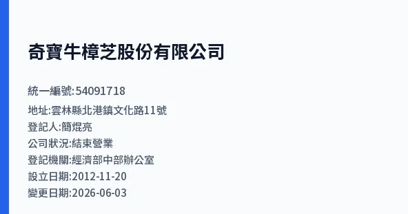 奇寶牛樟芝股份有限公司的照片-統編 54091718(雲林縣) 公司登記資料與營業項目詳細圖表