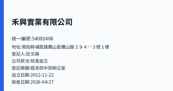 禾興實業有限公司的照片-統編 54092408(南投縣) 公司登記資料與營業項目詳細圖表