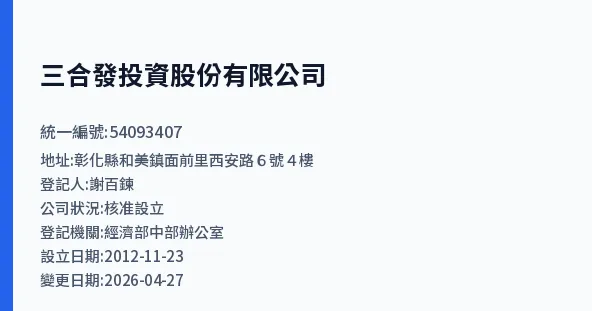 三合發投資股份有限公司的照片-統編 54093407(彰化縣) 公司登記資料與營業項目詳細圖表