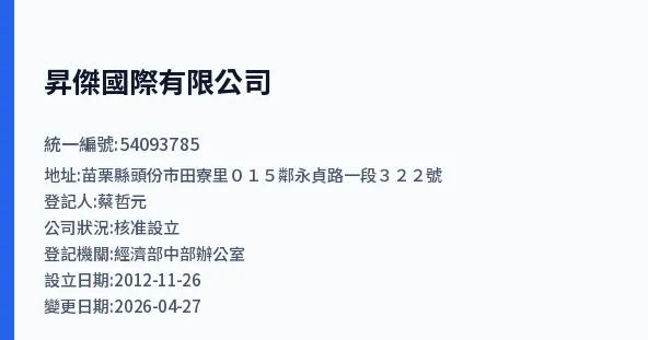 昇傑國際有限公司的照片-統編 54093785(苗栗縣) 公司登記資料與營業項目詳細圖表