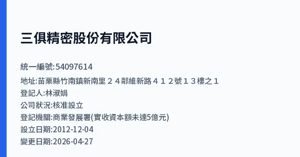 三俱精密股份有限公司的照片-統編 54097614(苗栗縣) 公司登記資料與營業項目詳細圖表
