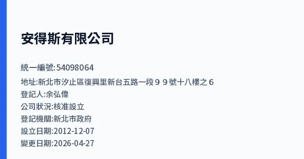 安得斯有限公司的照片-統編 54098064(新北市) 公司登記資料與營業項目詳細圖表