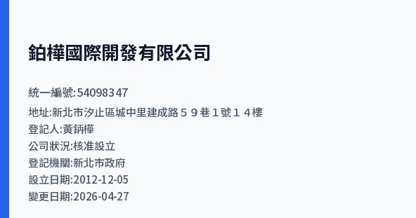 鉑樺國際開發有限公司的照片-統編 54098347(新北市) 公司登記資料與營業項目詳細圖表