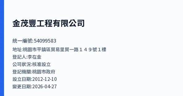 金茂豐工程有限公司的照片-統編 54099583(桃園市) 公司登記資料與營業項目詳細圖表