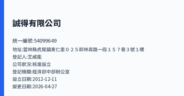 誠得有限公司的照片-統編 54099649(雲林縣) 公司登記資料與營業項目詳細圖表