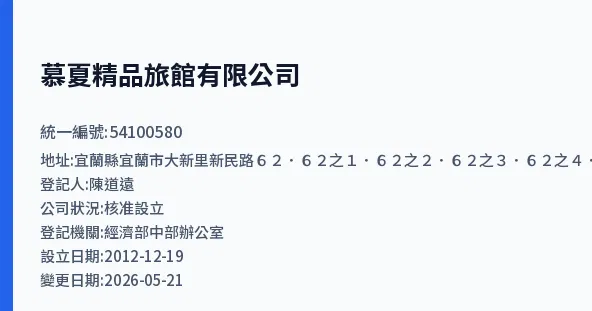 慕夏精品旅館有限公司的照片-統編 54100580(宜蘭縣) 公司登記資料與營業項目詳細圖表