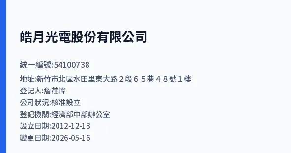 皓月光電股份有限公司的照片-統編 54100738(新竹市) 公司登記資料與營業項目詳細圖表