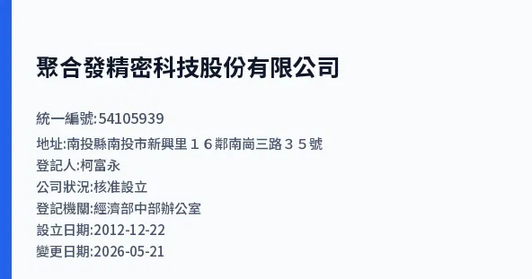 聚合發精密科技股份有限公司的照片-統編 54105939(南投縣) 公司登記資料與營業項目詳細圖表
