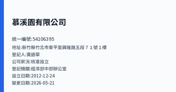 慕溪園有限公司的照片-統編 54106395(新竹縣) 公司登記資料與營業項目詳細圖表