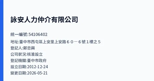 詠安人力仲介有限公司的照片-統編 54106402(臺中市) 公司登記資料與營業項目詳細圖表