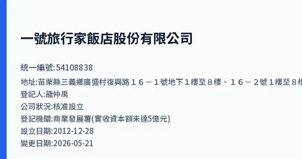 一號旅行家飯店股份有限公司的照片-統編 54108838(苗栗縣) 公司登記資料與營業項目詳細圖表