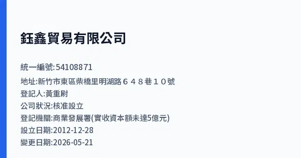 鈺鑫貿易有限公司的照片-統編 54108871(新竹市) 公司登記資料與營業項目詳細圖表