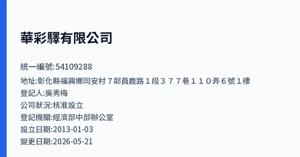 華彩驛有限公司的照片-統編 54109288(彰化縣) 公司登記資料與營業項目詳細圖表