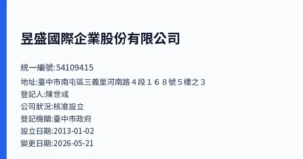 昱盛國際企業股份有限公司的照片-統編 54109415(臺中市) 公司登記資料與營業項目詳細圖表