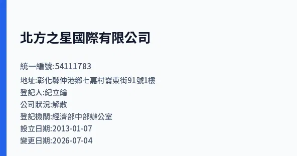 北方之星國際有限公司的照片-統編 54111783(彰化縣) 公司登記資料與營業項目詳細圖表