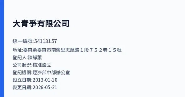 大青爭有限公司的照片-統編 54113157(臺東縣) 公司登記資料與營業項目詳細圖表
