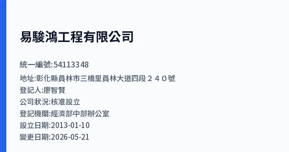 易駿鴻工程有限公司的照片-統編 54113348(彰化縣) 公司登記資料與營業項目詳細圖表