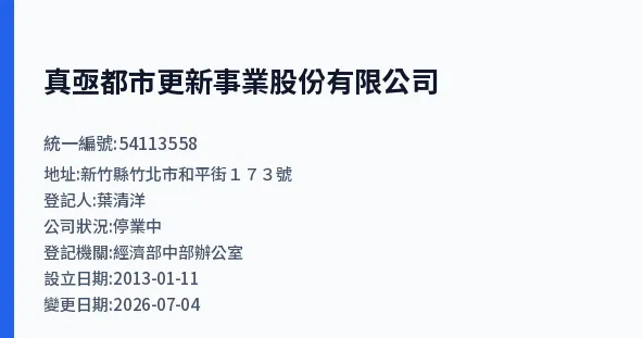 真亟都市更新事業股份有限公司的照片-統編 54113558(新竹縣) 公司登記資料與營業項目詳細圖表