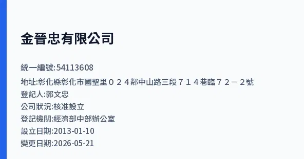 金晉忠有限公司的照片-統編 54113608(彰化縣) 公司登記資料與營業項目詳細圖表