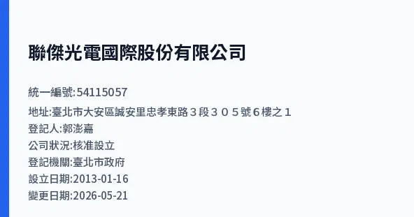 聯傑光電國際股份有限公司的照片-統編 54115057(臺北市) 公司登記資料與營業項目詳細圖表