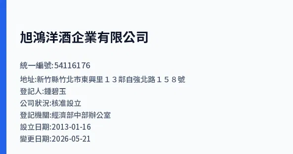 旭鴻洋酒企業有限公司的照片-統編 54116176(新竹縣) 公司登記資料與營業項目詳細圖表