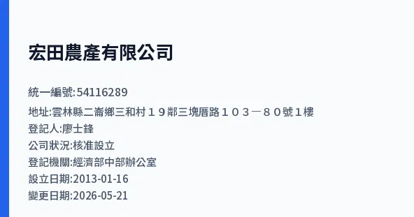 宏田農產有限公司的照片-統編 54116289(雲林縣) 公司登記資料與營業項目詳細圖表