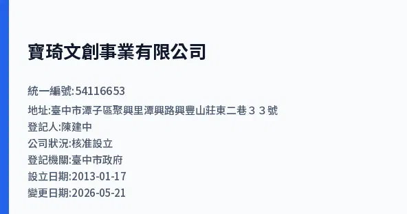 寶琦文創事業有限公司的照片-統編 54116653(臺中市) 公司登記資料與營業項目詳細圖表