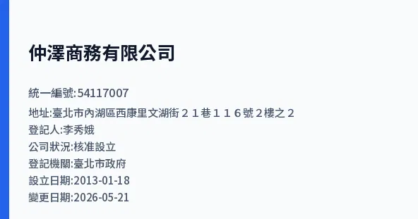 仲澤商務有限公司的照片-統編 54117007(臺北市) 公司登記資料與營業項目詳細圖表
