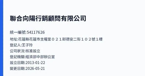 聯合向陽行銷顧問有限公司的照片-統編 54117626(花蓮縣) 公司登記資料與營業項目詳細圖表