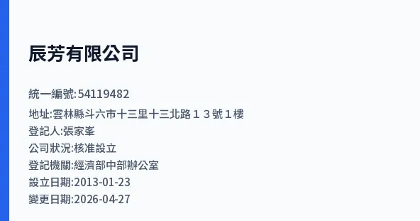 辰芳有限公司的照片-統編 54119482(雲林縣) 公司登記資料與營業項目詳細圖表