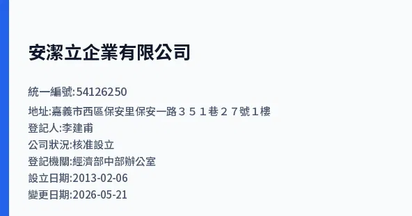 安潔立企業有限公司的照片-統編 54126250(嘉義市) 公司登記資料與營業項目詳細圖表